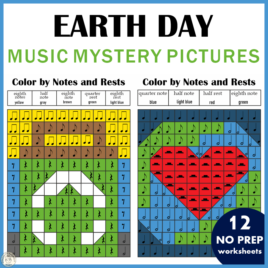 Earth Day Music Color by Note Mystery Pictures | Rhythm Worksheets
