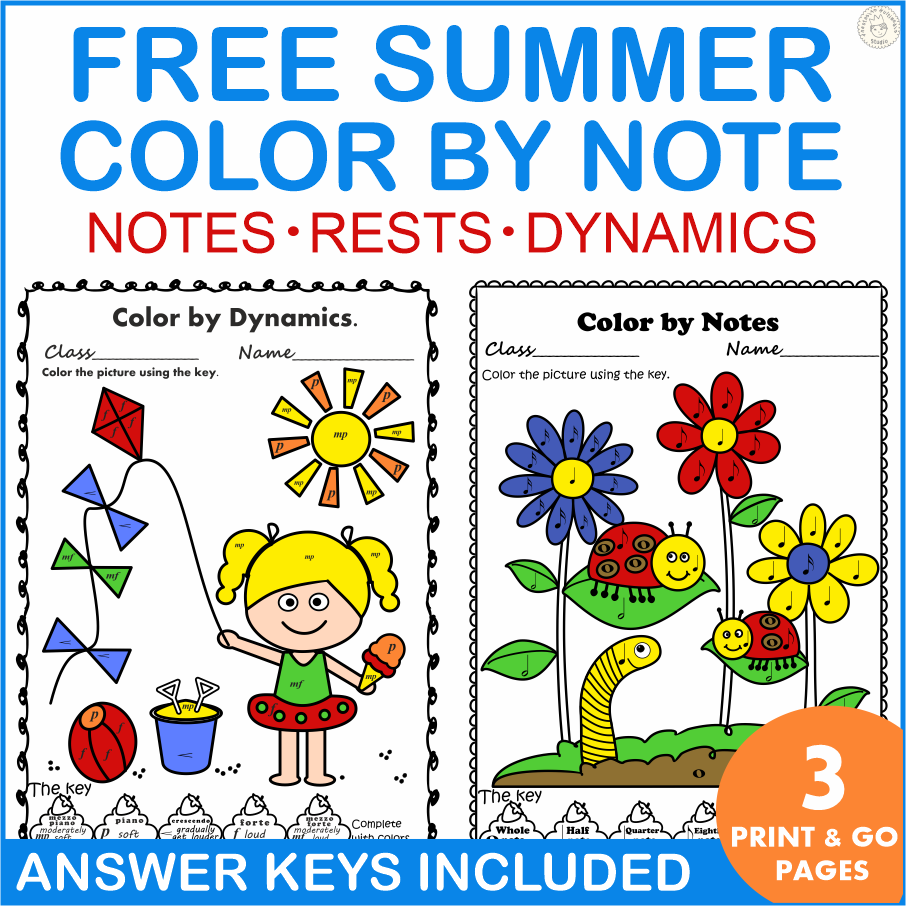 Free Summer Music Color by Note, Rest, and Dynamics