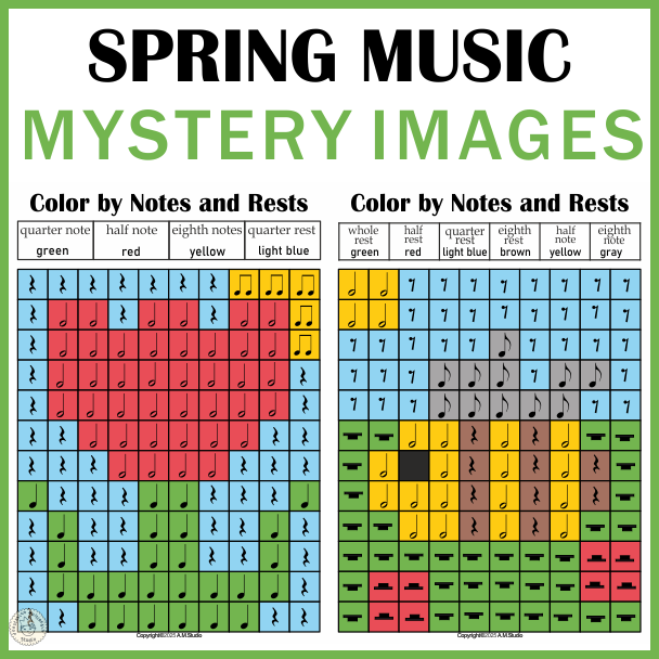Spring Music Activites - Color by Note Mystery Pictures