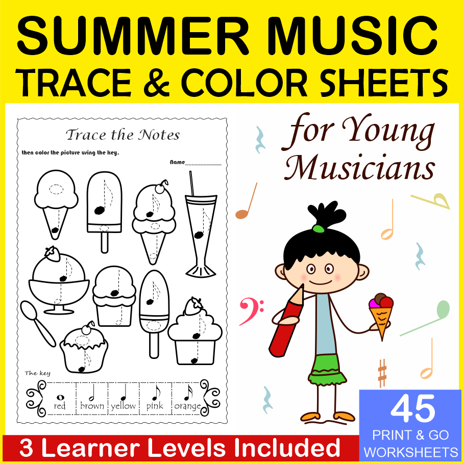Summer Trace and Color Music Worksheets