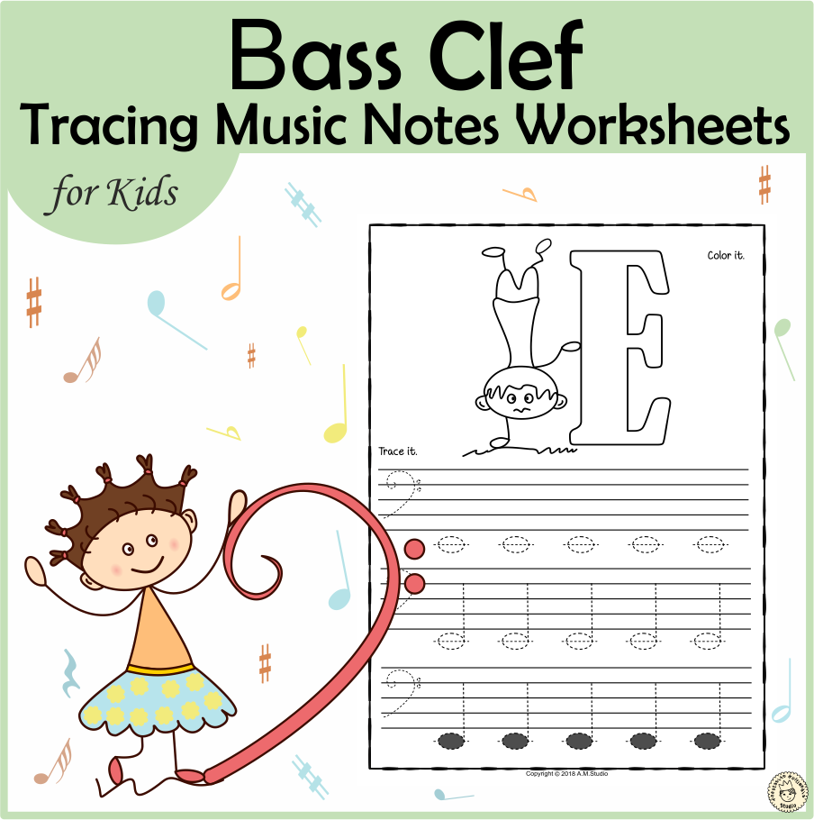 Tracing Music Notes Worksheets for kids {Bass Clef}
