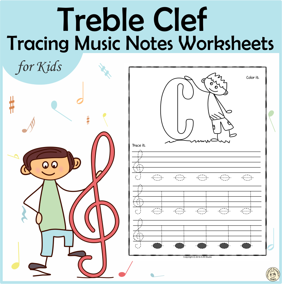 Tracing Music Notes Worksheets for kids {Treble Clef}