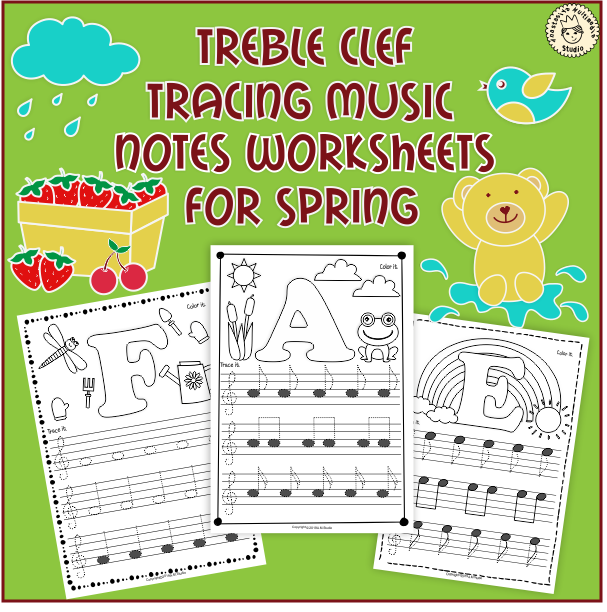 Treble Clef Tracing Music Notes Worksheets for Spring